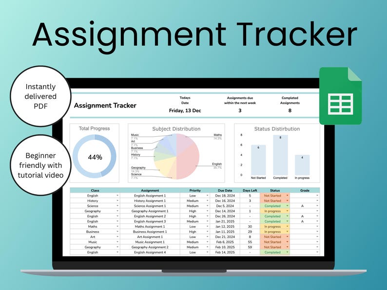 Student Assignment Tracker Google Sheet - Etsy