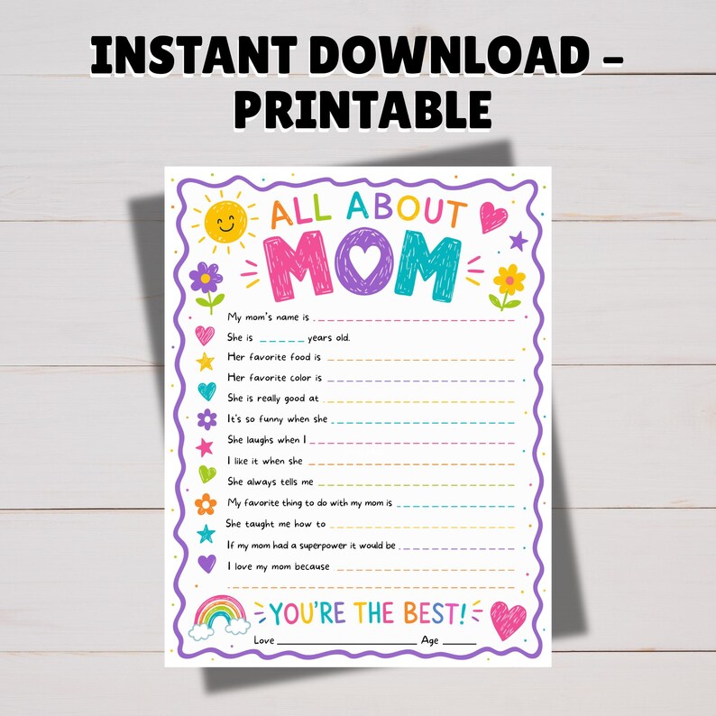 All About My Mom Printable, Mother's Day Questionnaire for Kids, Mom ...