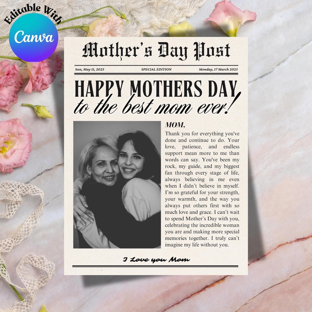 Mothers Day Newspaper Template, Editable Canva Template, Personalized ...