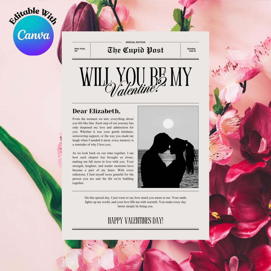 Valentines Cupid Post Newspaper | Editable Canva Template | Custom ...