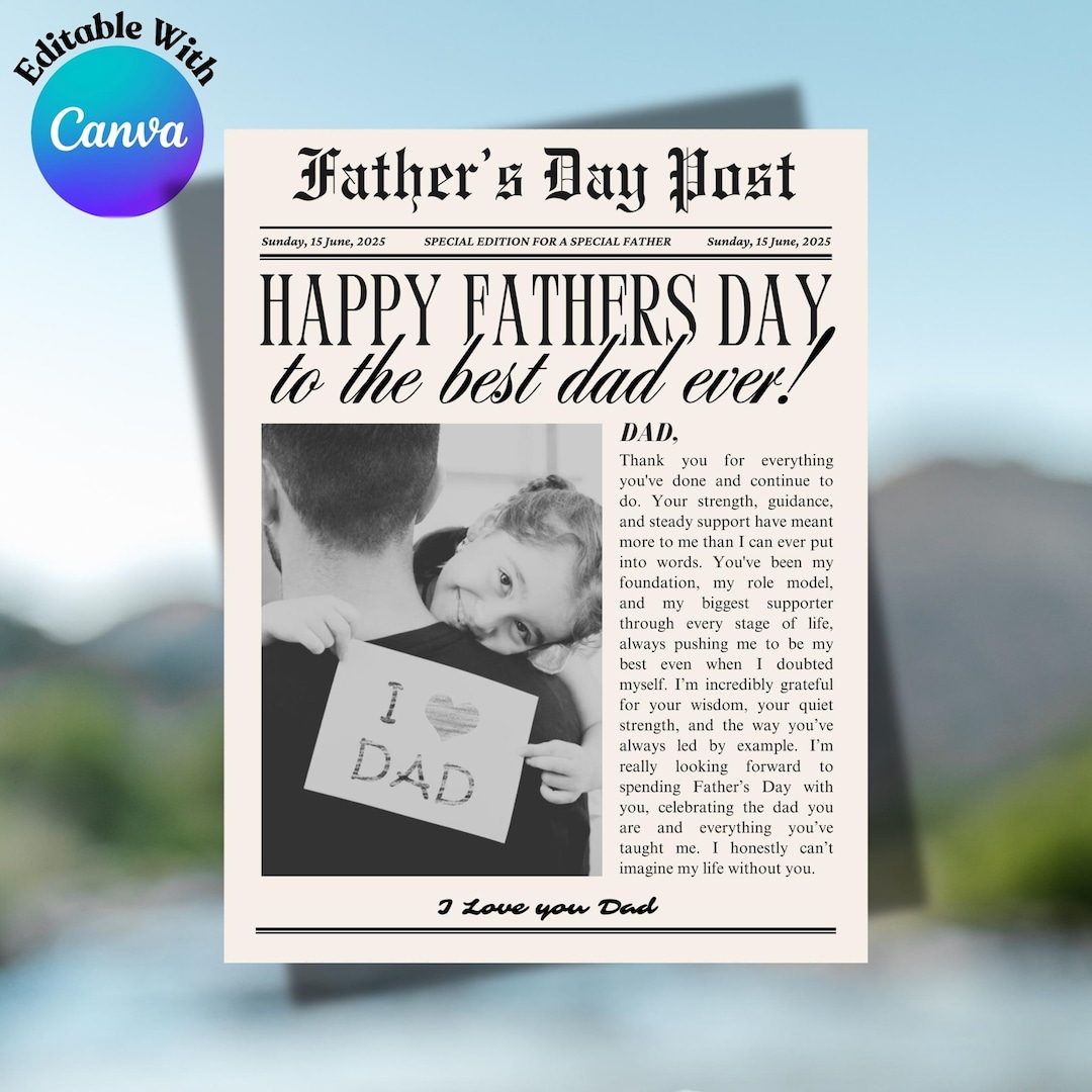 Fathers Day Newspaper Template, Editable Canva Template, Personalized ...