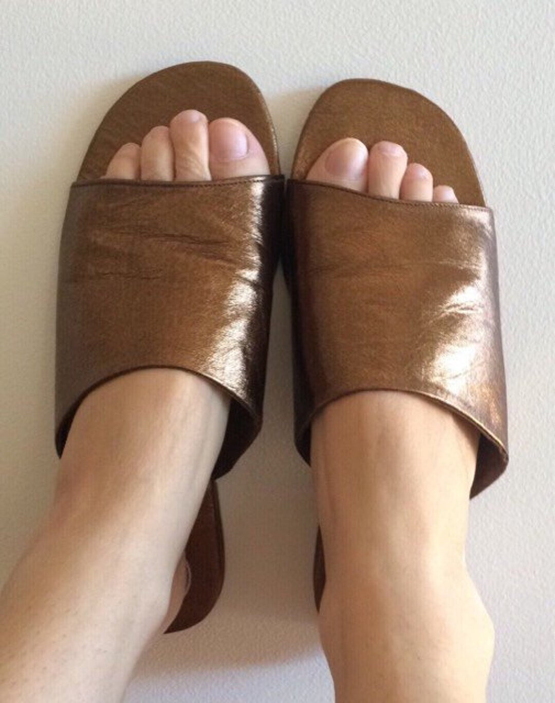 SOKO. Copper Leather Slides / Slide Sandals / Suede Slides Sandals ...
