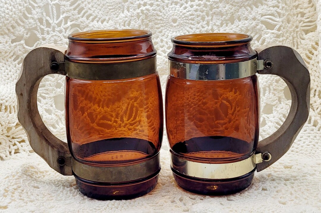 Vintage Siesta Ware Amber Glass Beer Mugs: Wood Handle Barware Set - Etsy