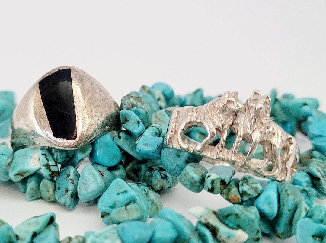 Vintage Sterling Silver Wolf Pack Ring and Black Onyx Inlay Ring ...