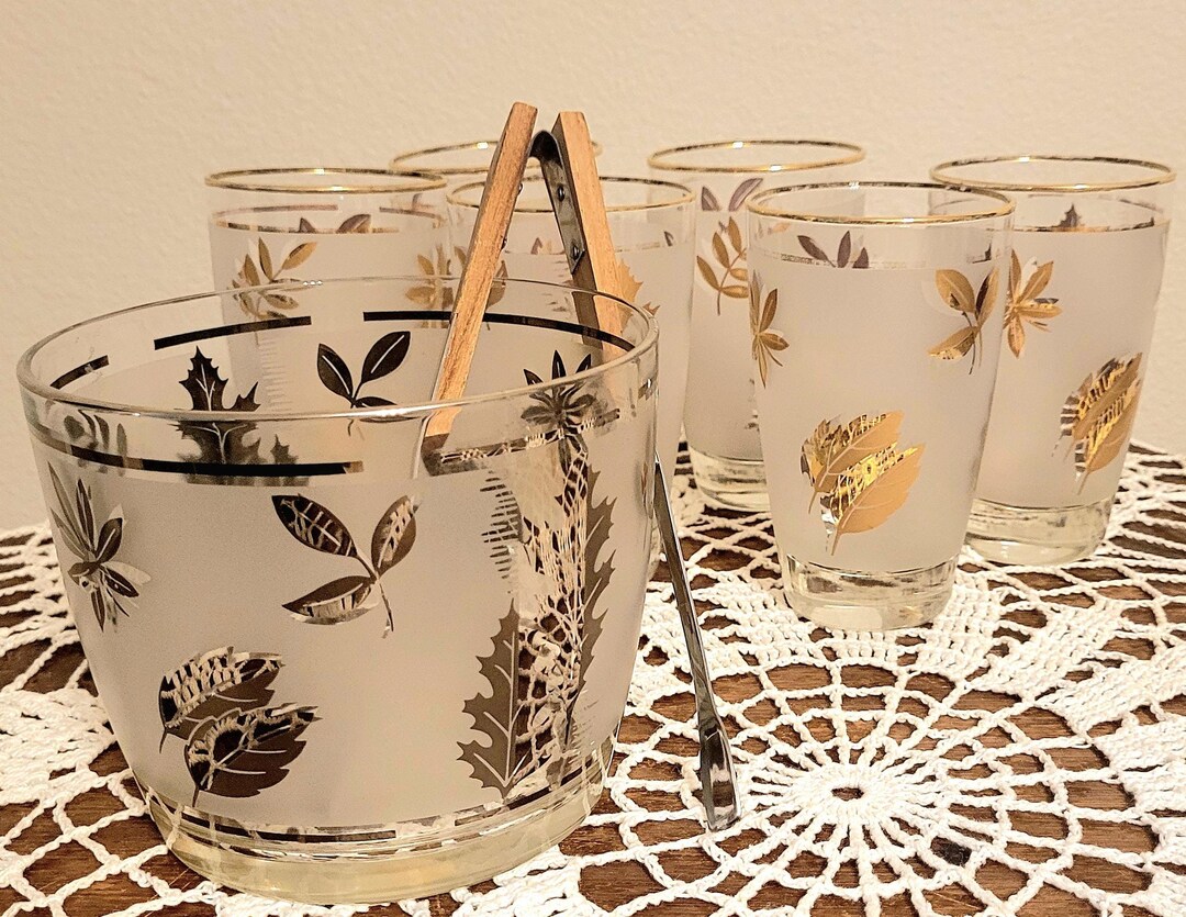 Vintage Libbey Barware Set: Mid-century Gold Floral Frosted Tumblers ...