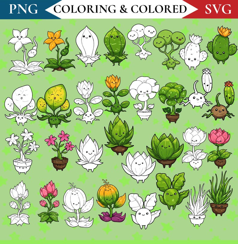 Cute Cartoon Plant & Flower Cliparts | Bold Line Art | PNG, SVG ...
