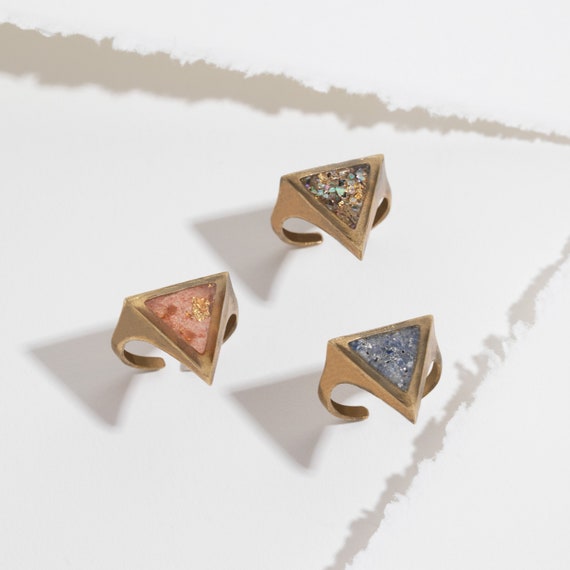 Adjustable Triangle Ring With Crushed Gemstone Inlay - Etsy