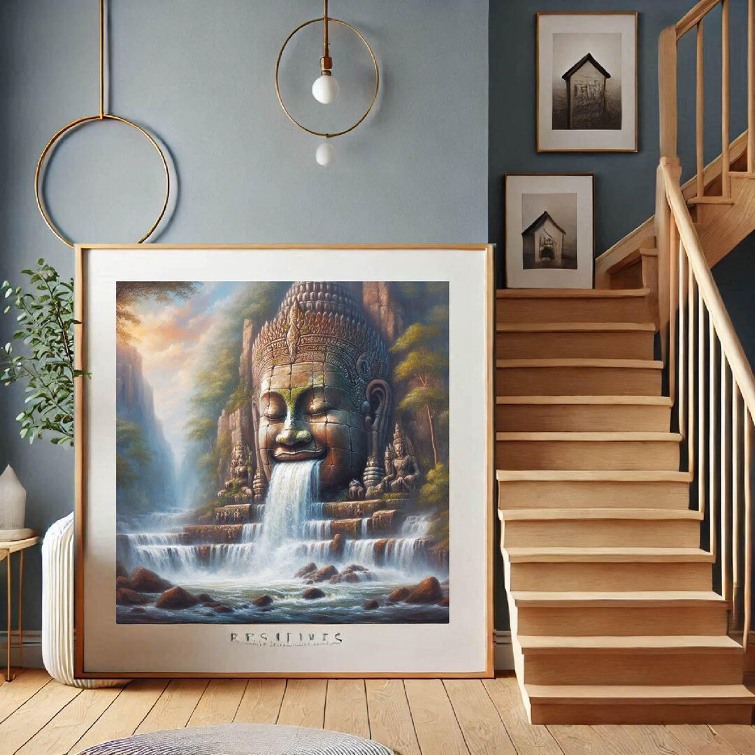 Oil Painting of a Statue in Angkor Wat With a Waterfall Flowing From ...