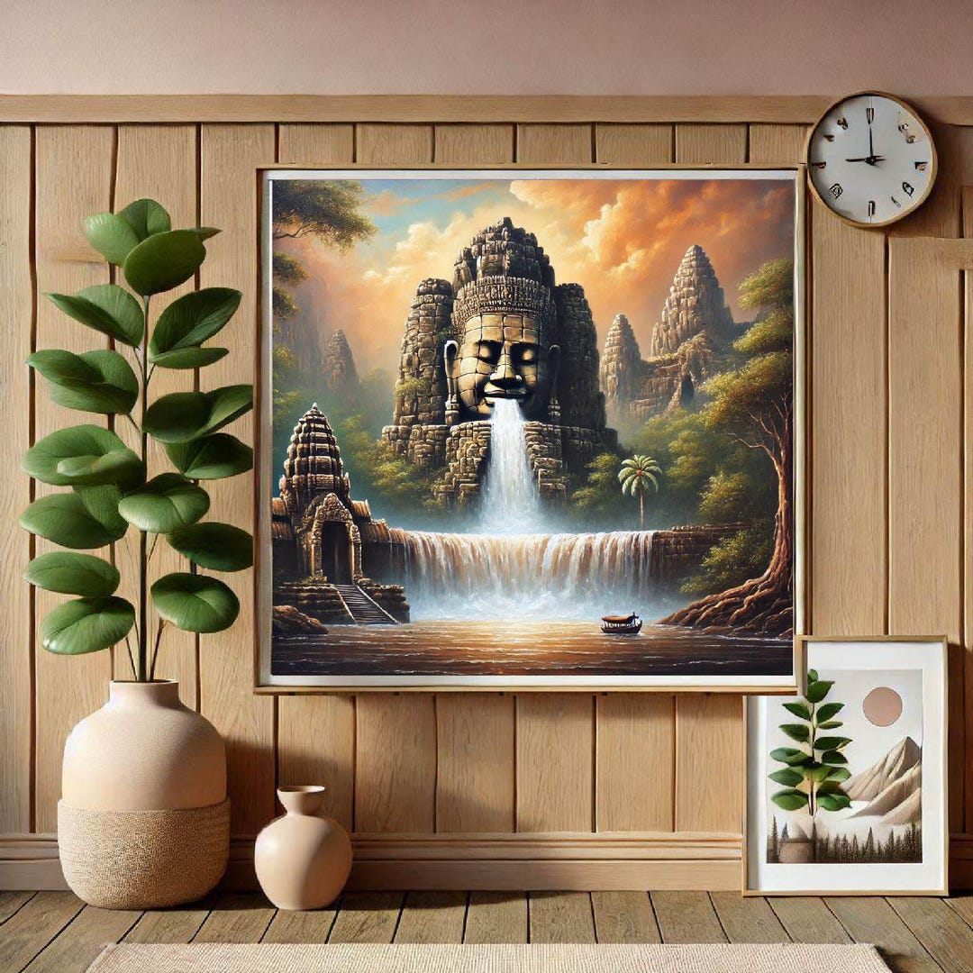 Oil Painting of a Statue in Angkor Wat With a Waterfall Flowing From ...