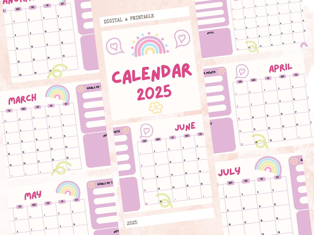 2025 Calendar Printable PDF, Cute Kids Wall Calendar, Editable Monthly ...