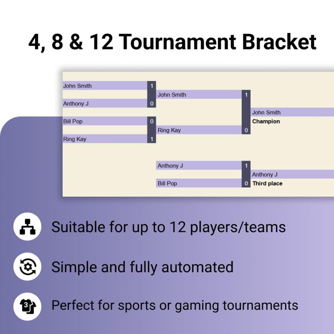 4, 8 & 12 Team Single Elimination Tournament Bracket Template - Etsy