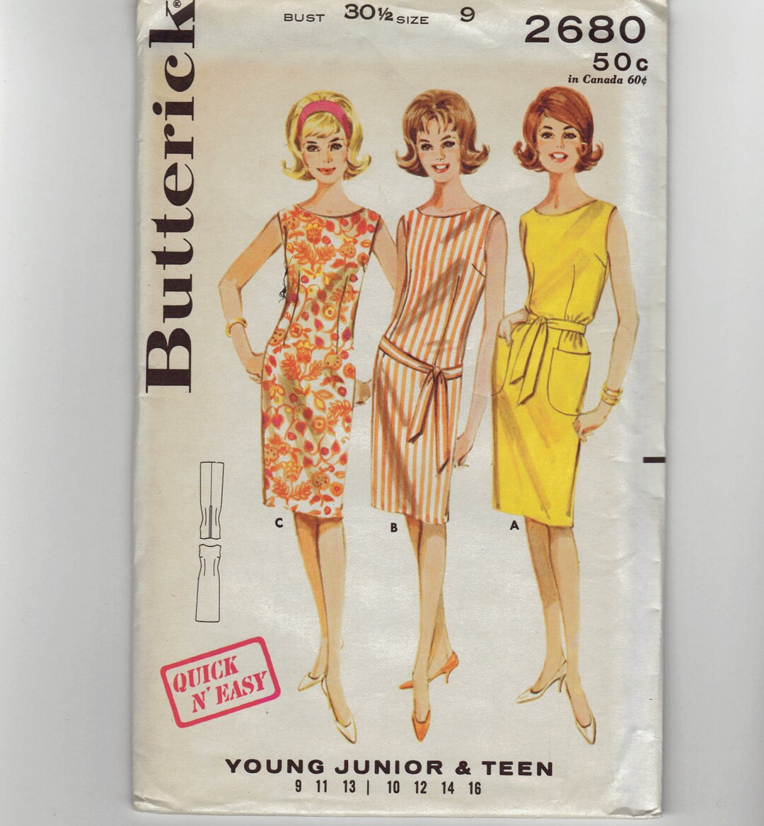 Vintage 60's Dress Sewing Pattern. Butterick. Junior Size 9. No. 2680 ...