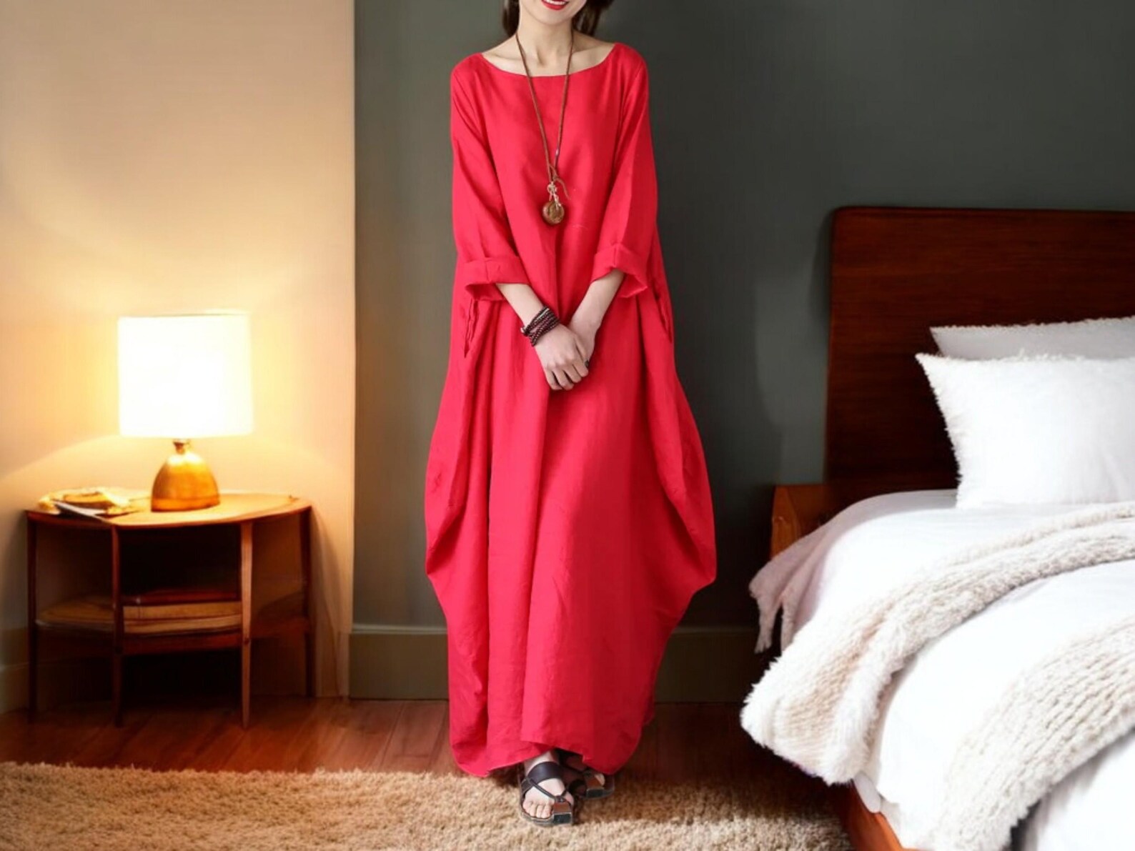 Women's Linen Maxi Dress | Long-sleeve Cotton Oversized Kaftan | Loose ...