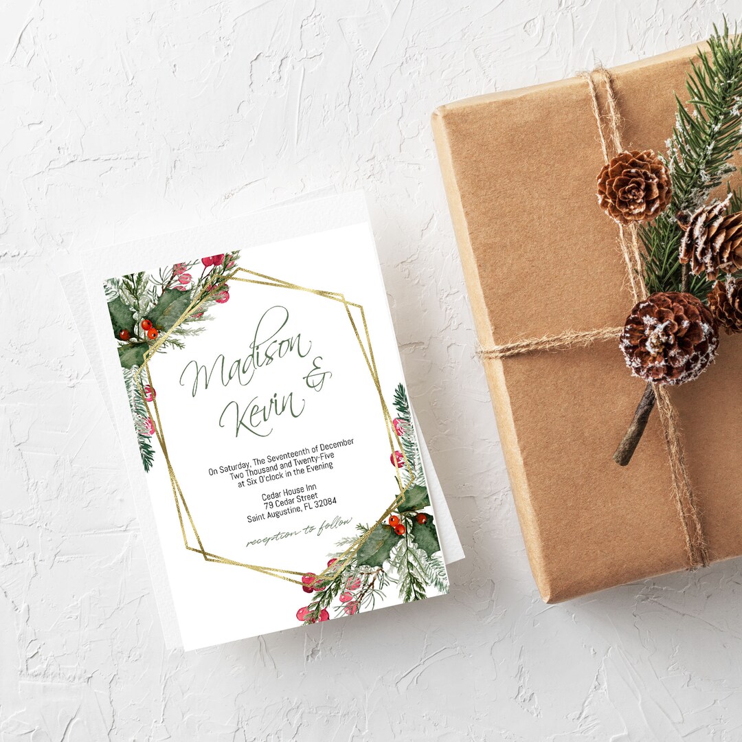 Winter Wedding Invitations Template, Holly Berry Wedding Invite ...