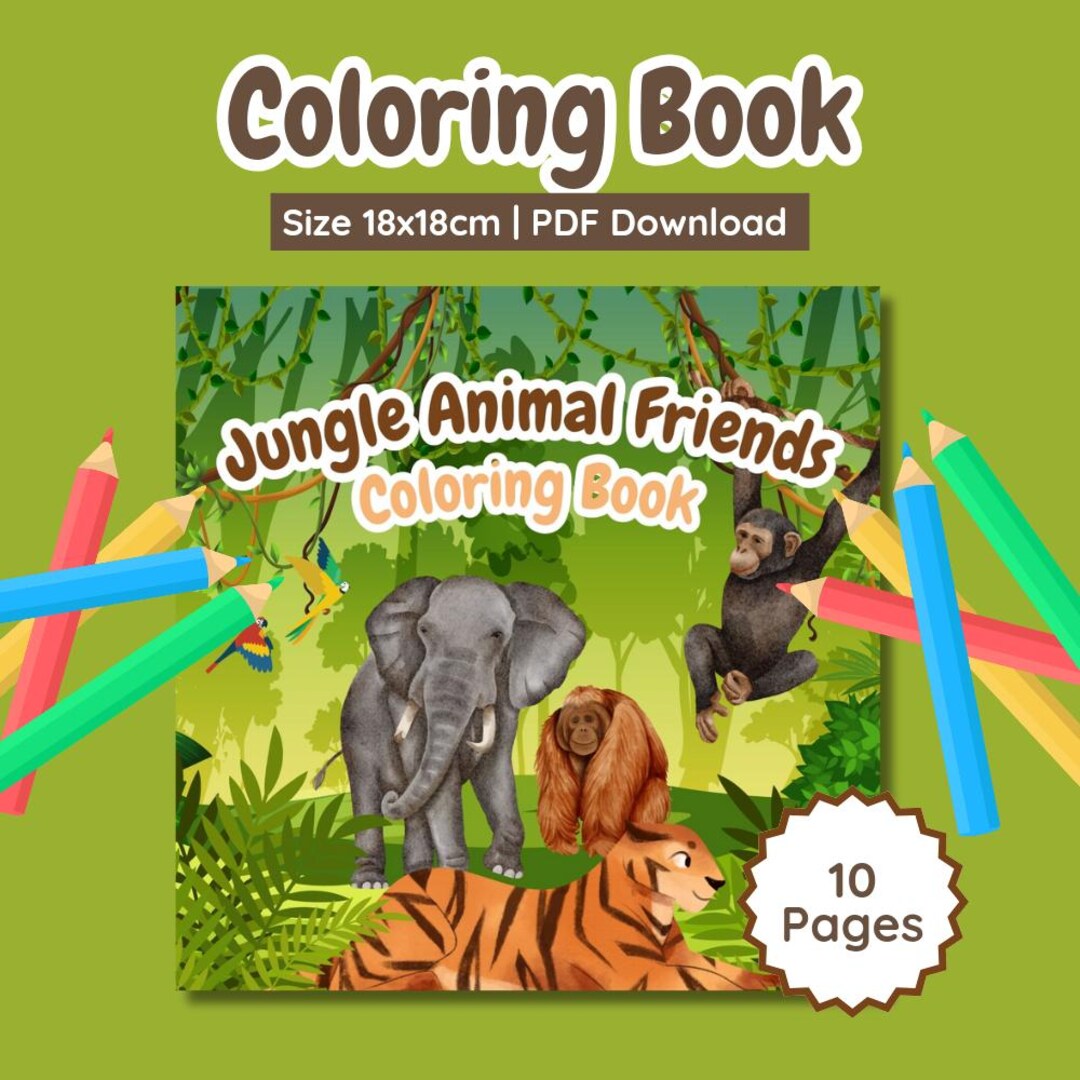 Jungle Animal Friends Digital Coloring Book for Toddlers and Kids, 10 ...