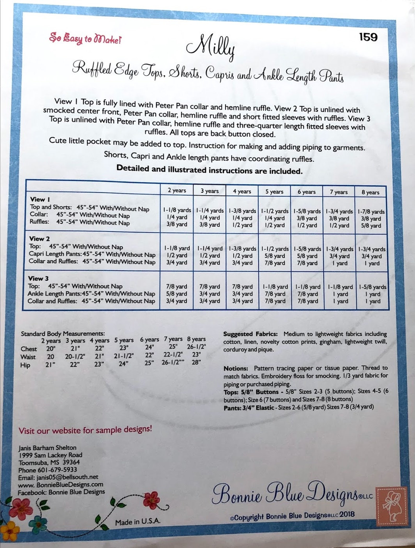 Top and Pants Sewing Pattern for Girls Bonnie Blue Designs - Etsy