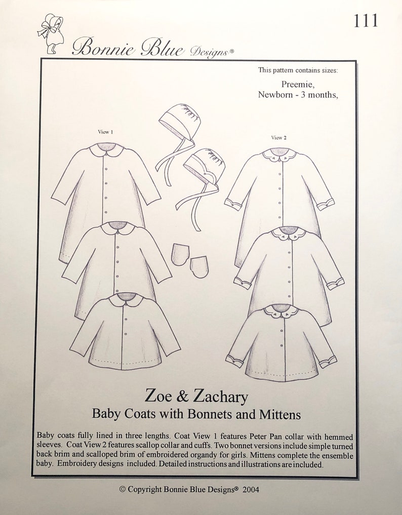 Baby Coat Sewing Pattern: Bonnie Blue Designs, Bonnets & Mittens ...