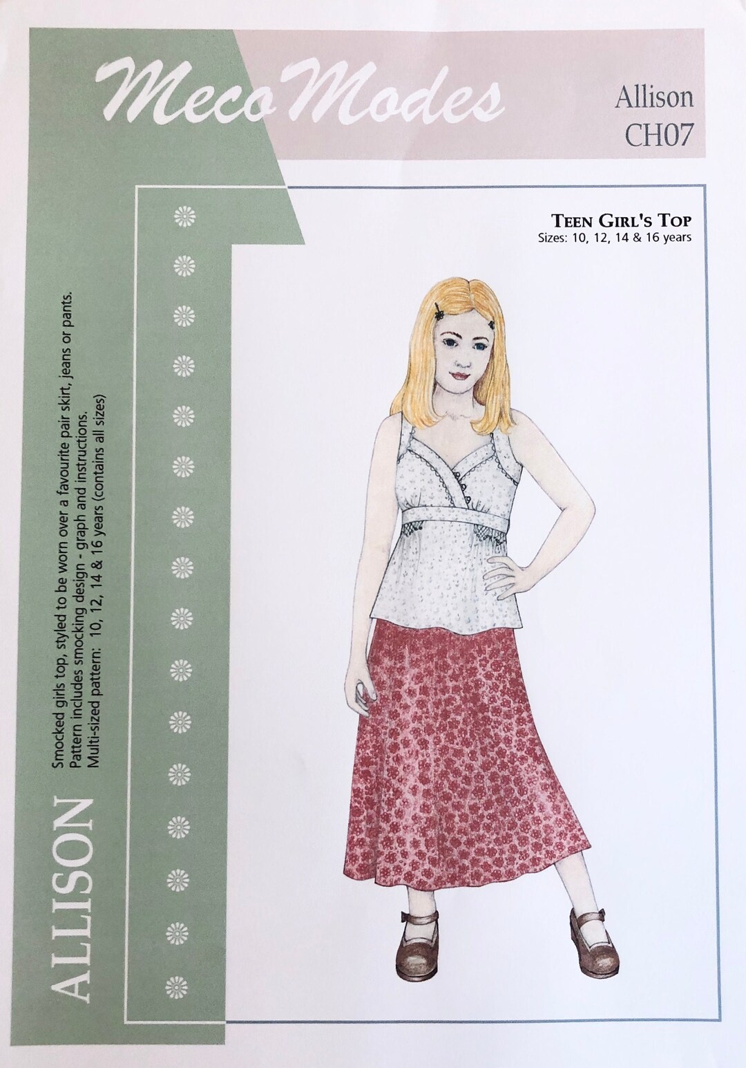 Smocked Top Sewing Pattern for Teen Girls, Allison Teen Girl's Top CH07 ...