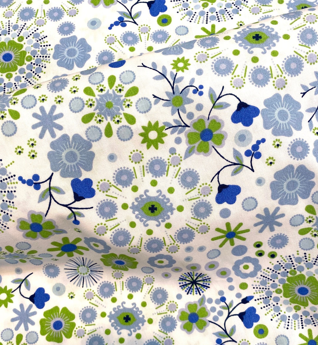 Blue and Lime Floral Fabric by the Yard by Fabric Finders # 939, Large ...