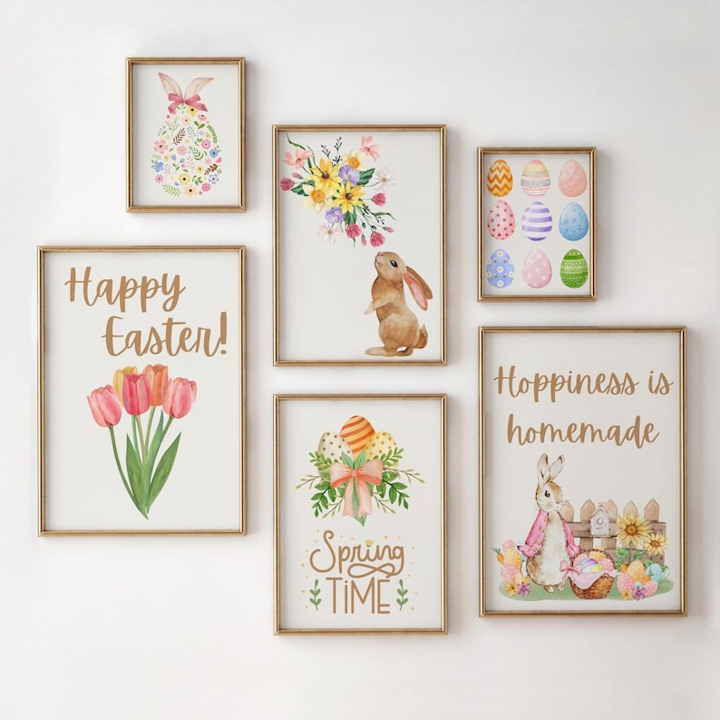 Easter Wall Art Set, Spring Printable Decor, Floral Easter Eggs, Spring ...