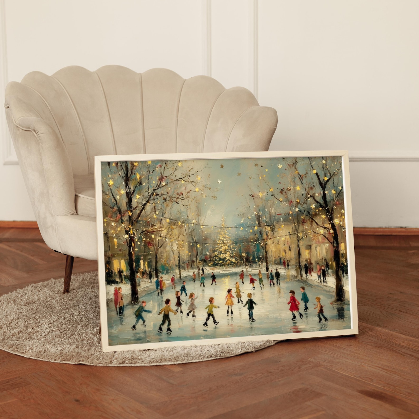 Vintage Ice Skating Rink Art Print: Christmas Town Square (digital ...