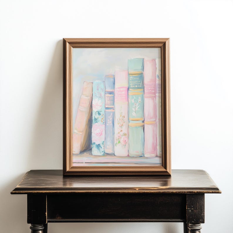 Vintage Bookshelf Wall Art, Pastel Cottagecore Book Stack Painting ...