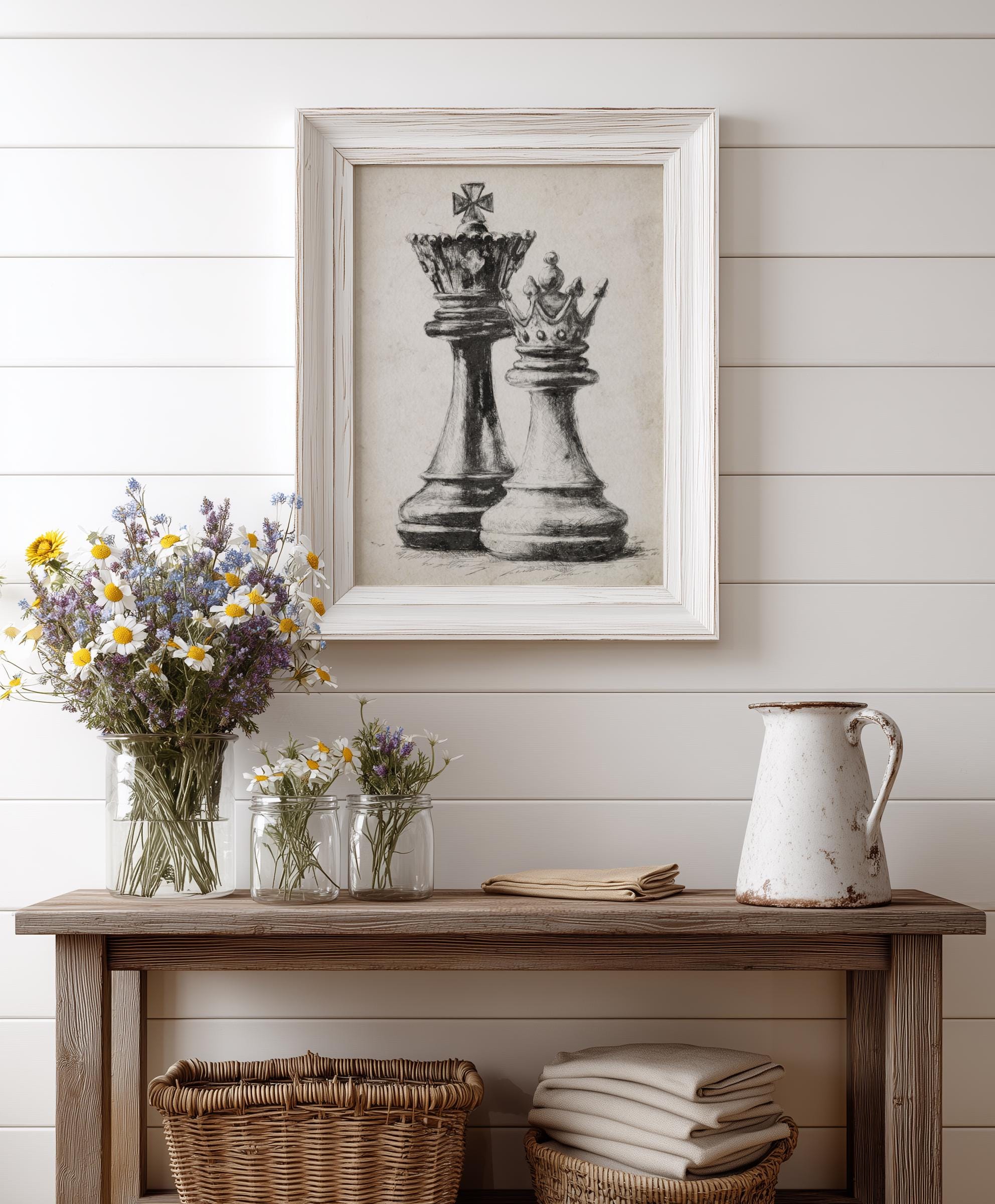 King and Queen Chess Pieces Sketch | Vintage Chess Wall Art ...
