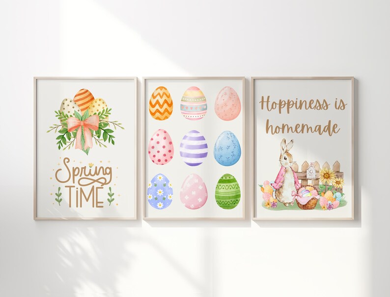 Easter Wall Art Set, Spring Printable Decor, Floral Easter Eggs, Spring ...