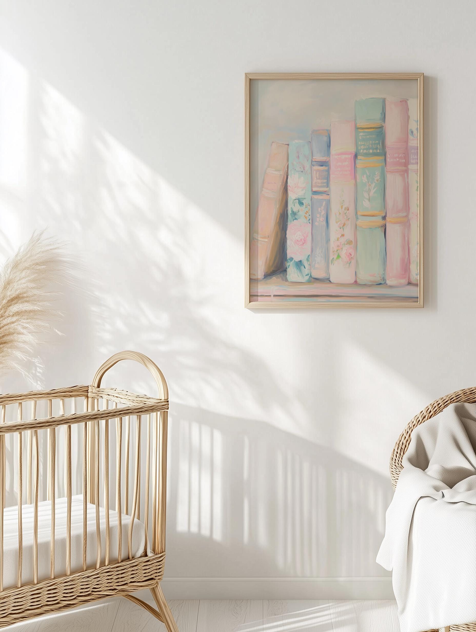 Vintage Bookshelf Wall Art, Pastel Cottagecore Book Stack Painting ...