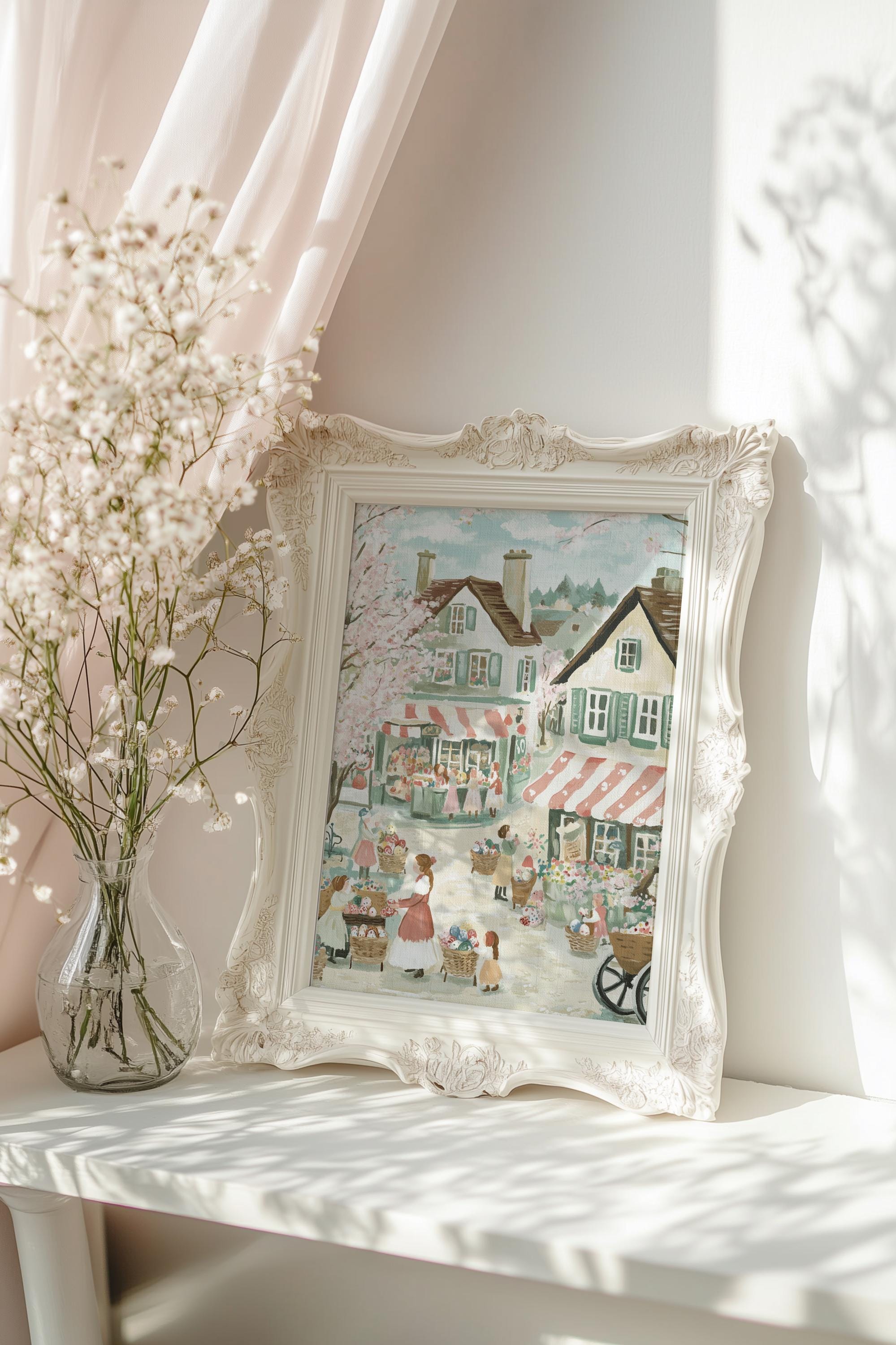 Vintage Easter Village Wall Art, Folk Art Spring Market Illustration ...