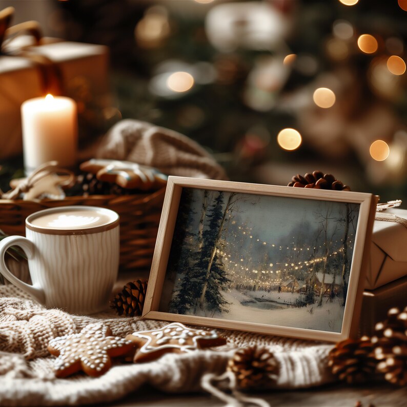 Cozy Winter Forest Art Print | Snowy Cabin Oil Painting | Rustic String ...