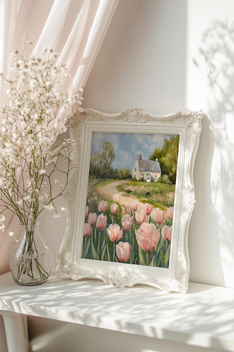 Cottagecore Tulip Field Print, Spring Floral Art, Pastel Farmhouse Wall ...