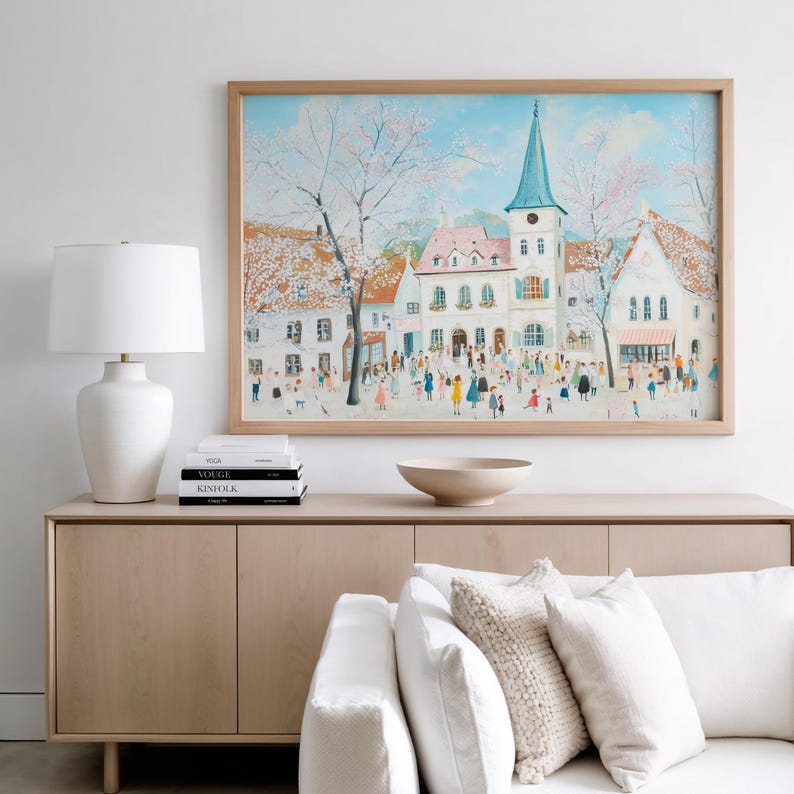 Charming Spring Print, Pastel Wall Art, Pastel Village Print, Romantic ...