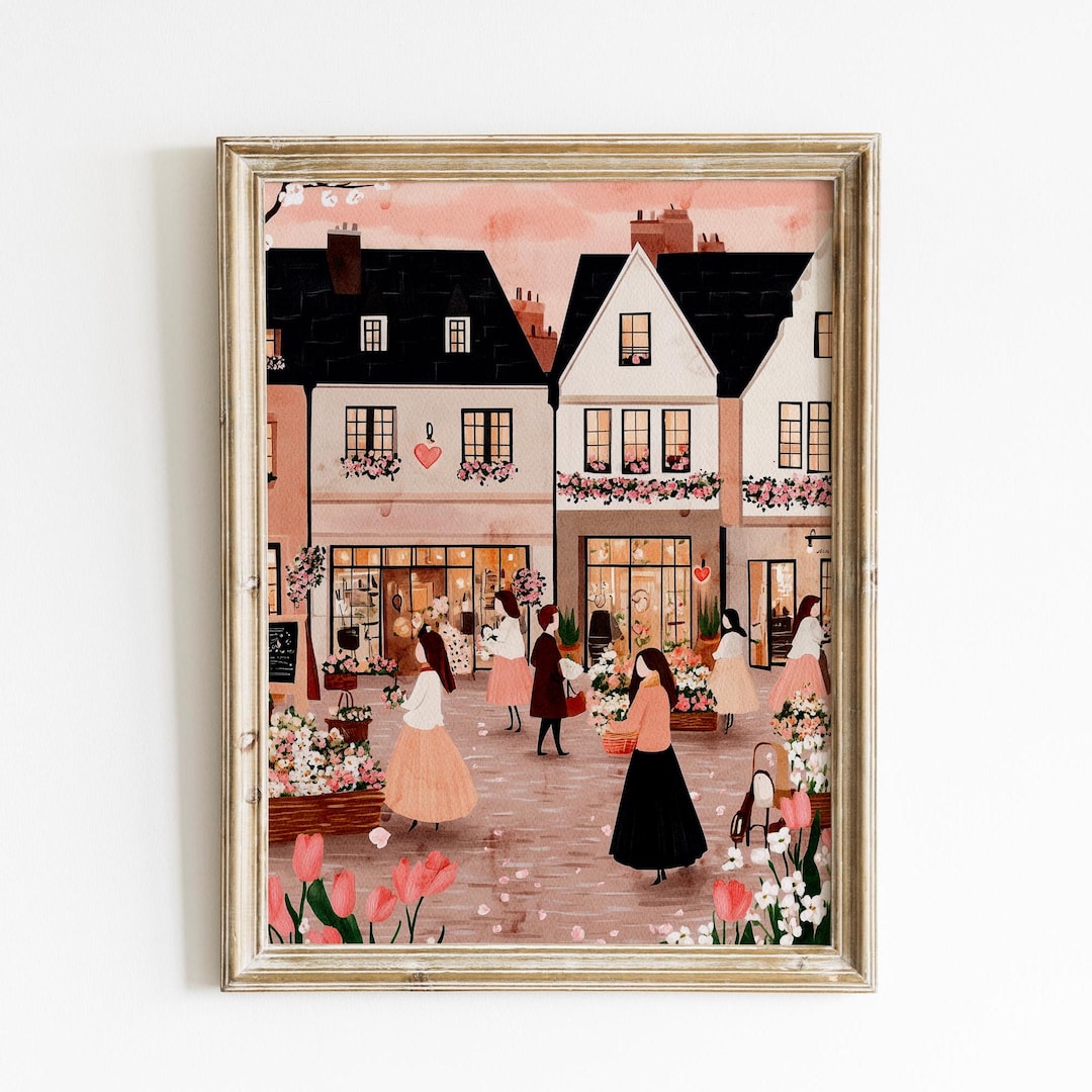 Cozy Cottagecore Town Scene, Vintage Village Illustration, Floral ...