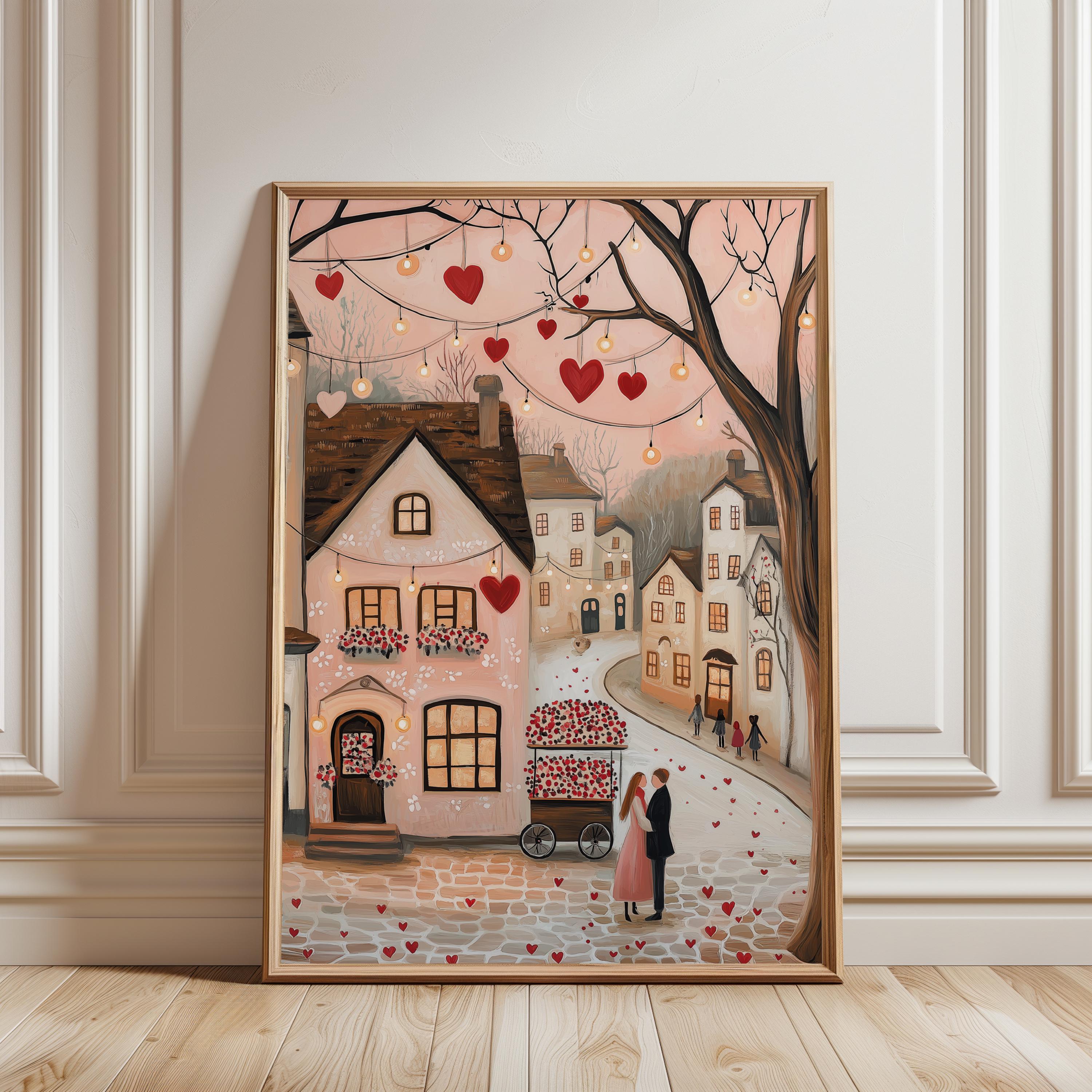 Valentines Day Village Digital Print | Romantic Folk Wall Art, Instant ...