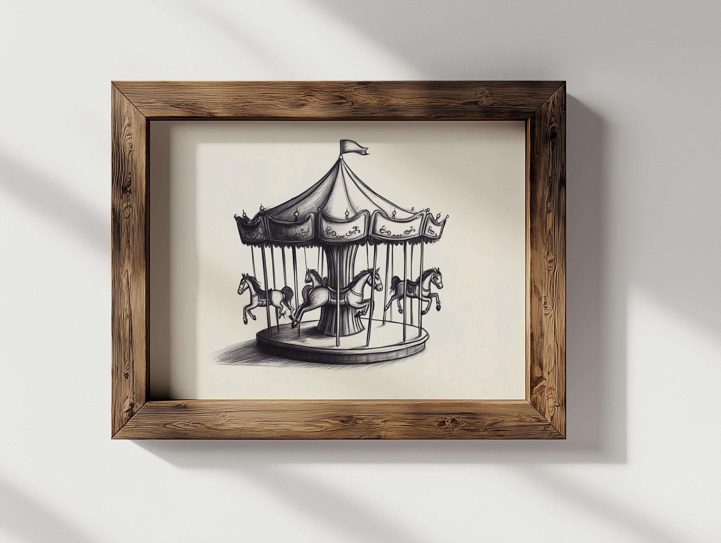 Vintage Carousel Art Print | Nostalgic Wall Art | Hand-drawn Ink-style ...