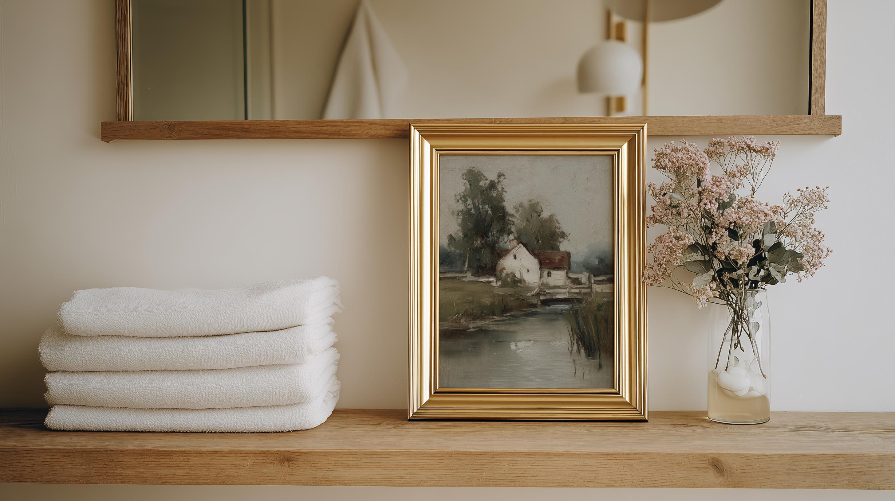 Rustic Countryside River Oil Painting Print | Moody Vintage Landscape ...