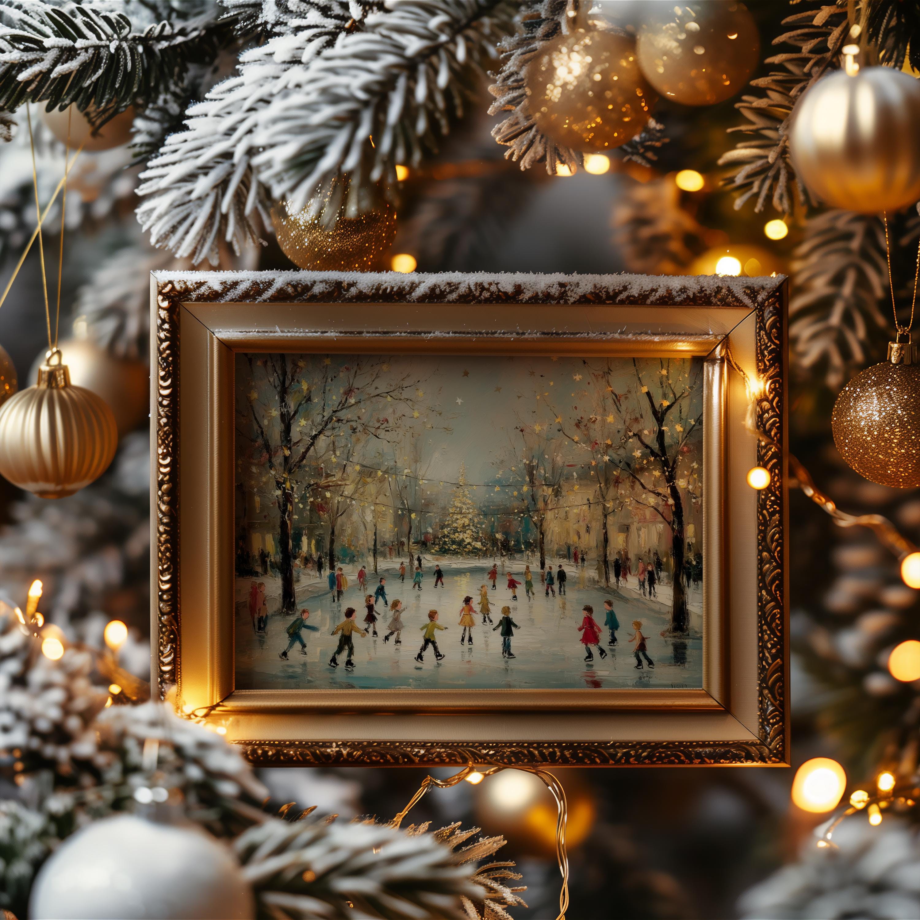 Vintage Ice Skating Rink Art Print: Christmas Town Square (digital ...