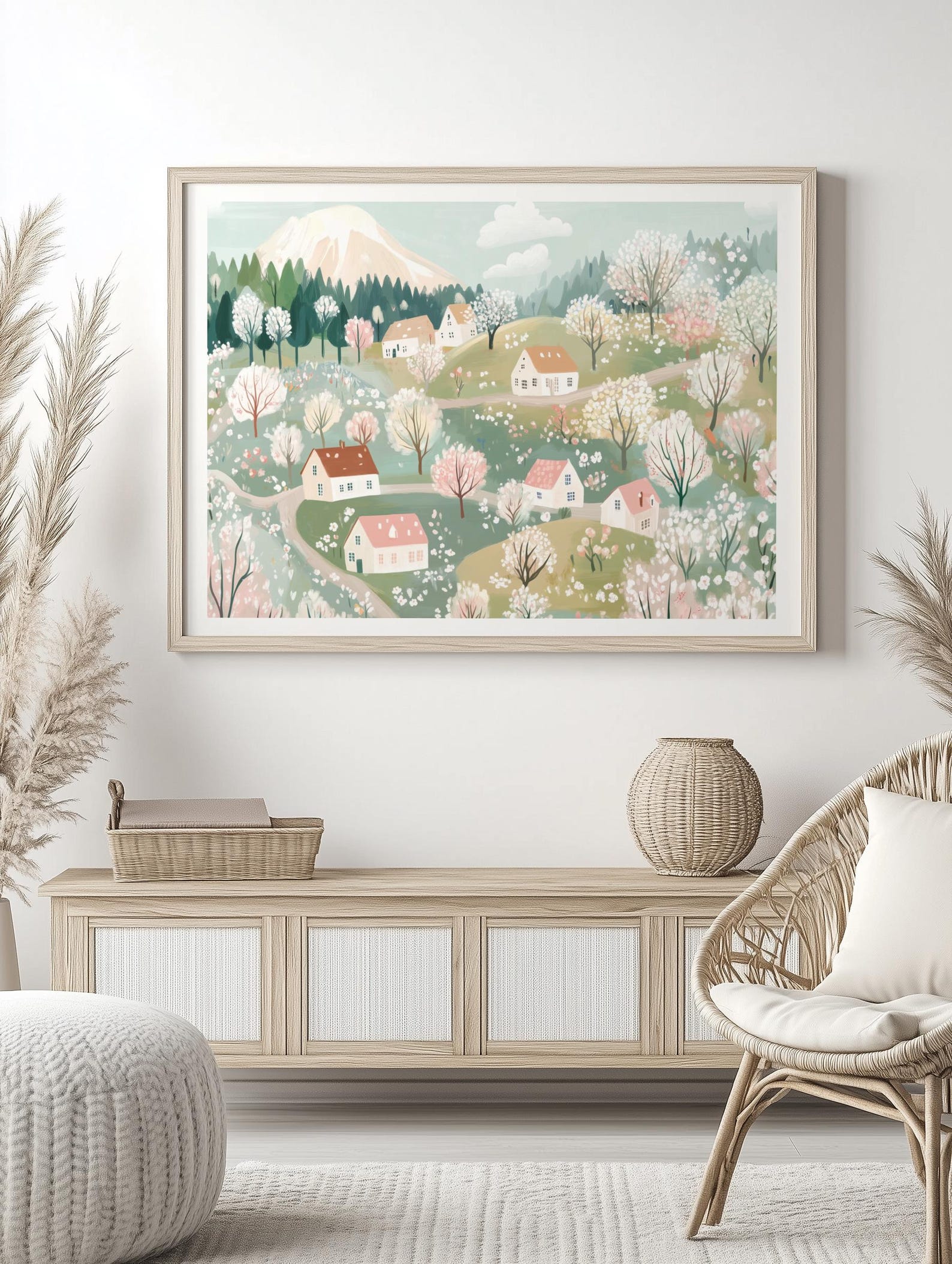 Springtime Village Scene, Blooming Trees Print, Mountain View Art Print ...