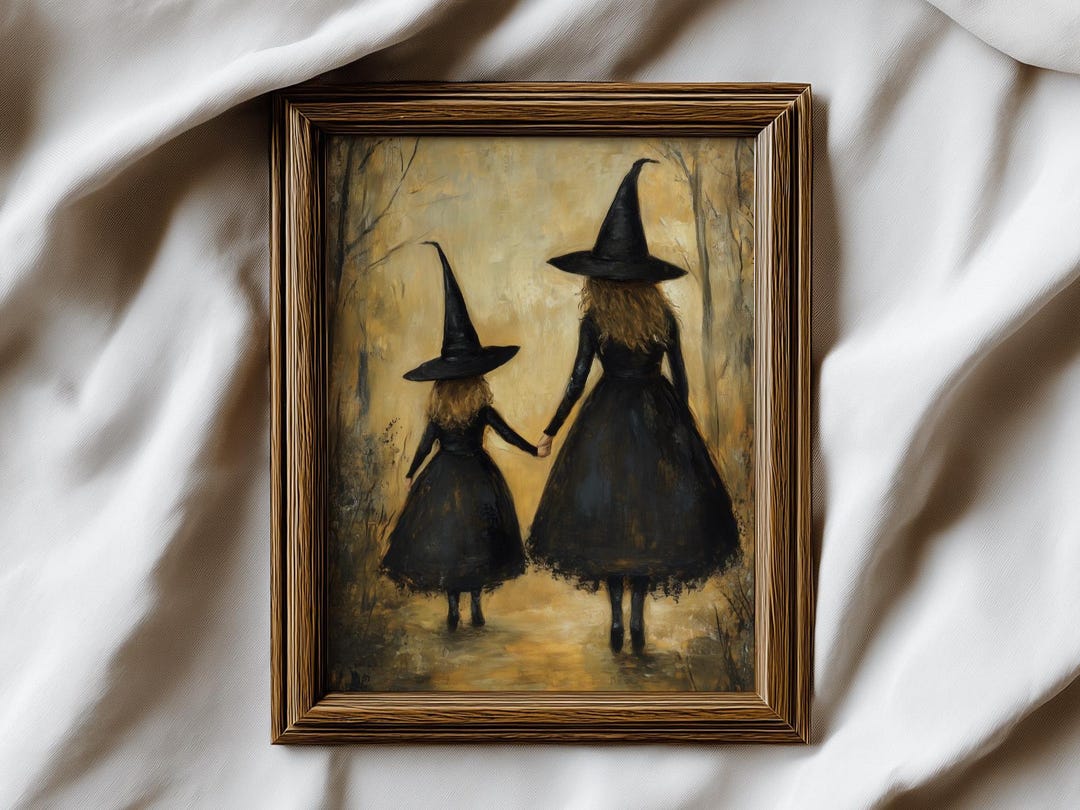 Vintage Witch & Daughter Art Print | Halloween Wall Decor | Mystical ...