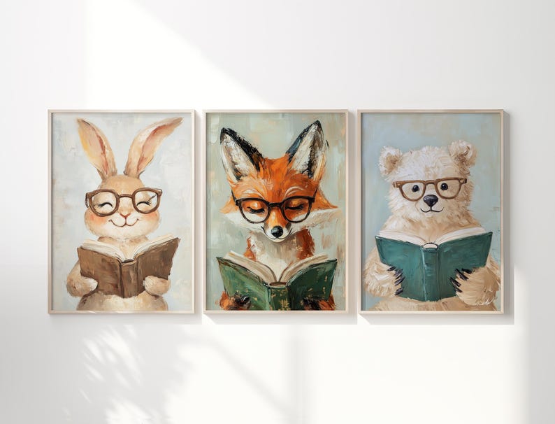 Charming Woodland Animal Reading Prints, Bookish Wall Art, Library ...