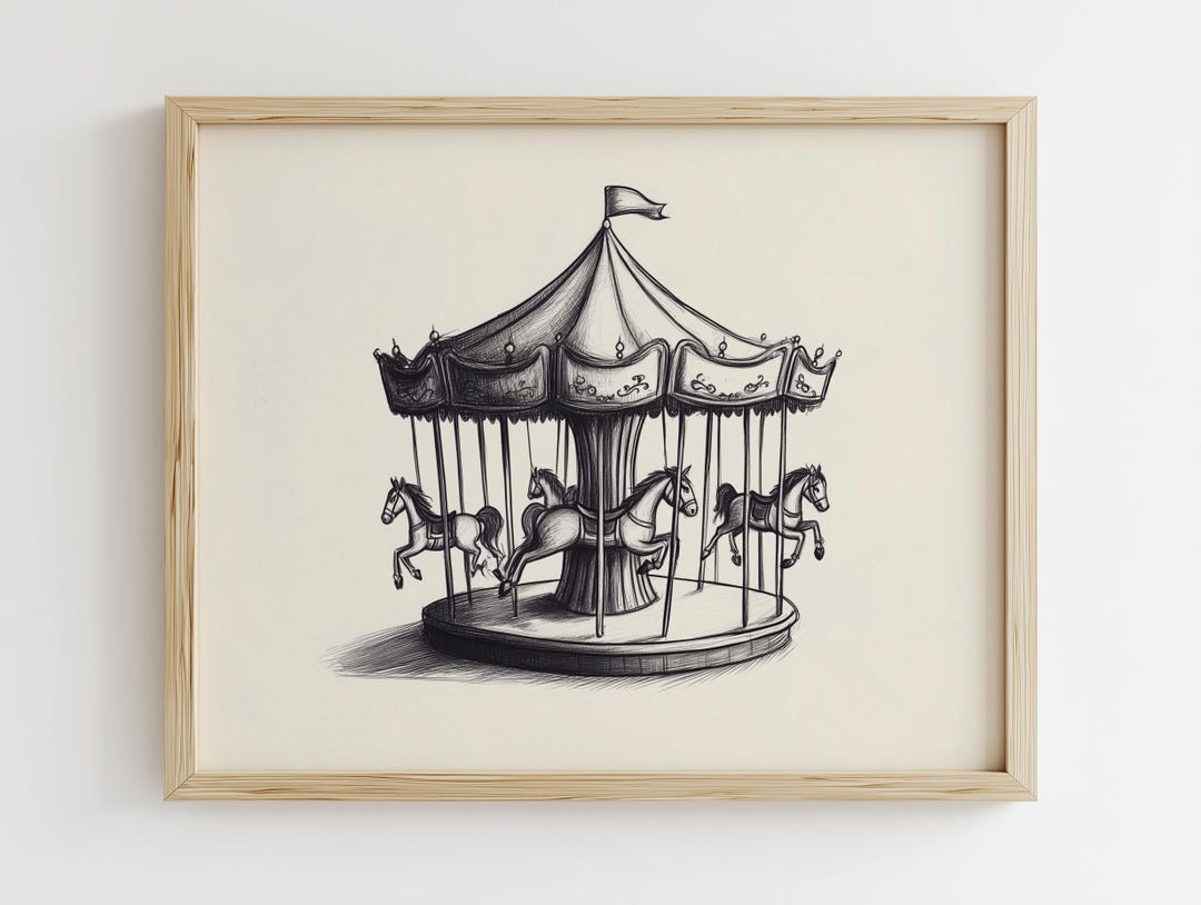 Vintage Carousel Art Print | Nostalgic Wall Art | Hand-drawn Ink-style ...