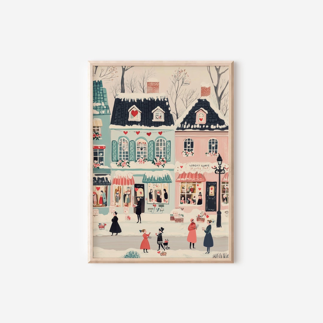 Valentines Day Village Wall Art, Romantic Scene, Pink Aesthetic Print ...