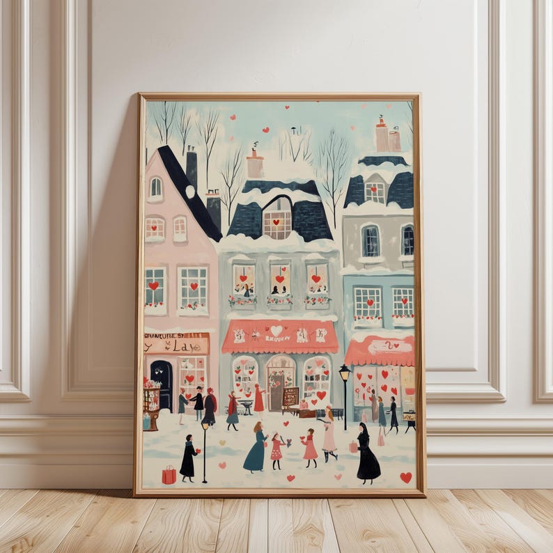 Valentines Day Village Wall Art, Romantic Scene, Cute Valentine Town ...