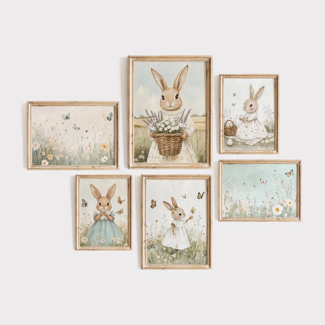 Vintage Bunny Wall Art Set – Easter Nursery Prints, Farmhouse Baby ...