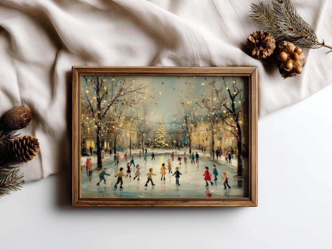 Vintage Ice Skating Rink Art Print: Christmas Town Square (digital ...