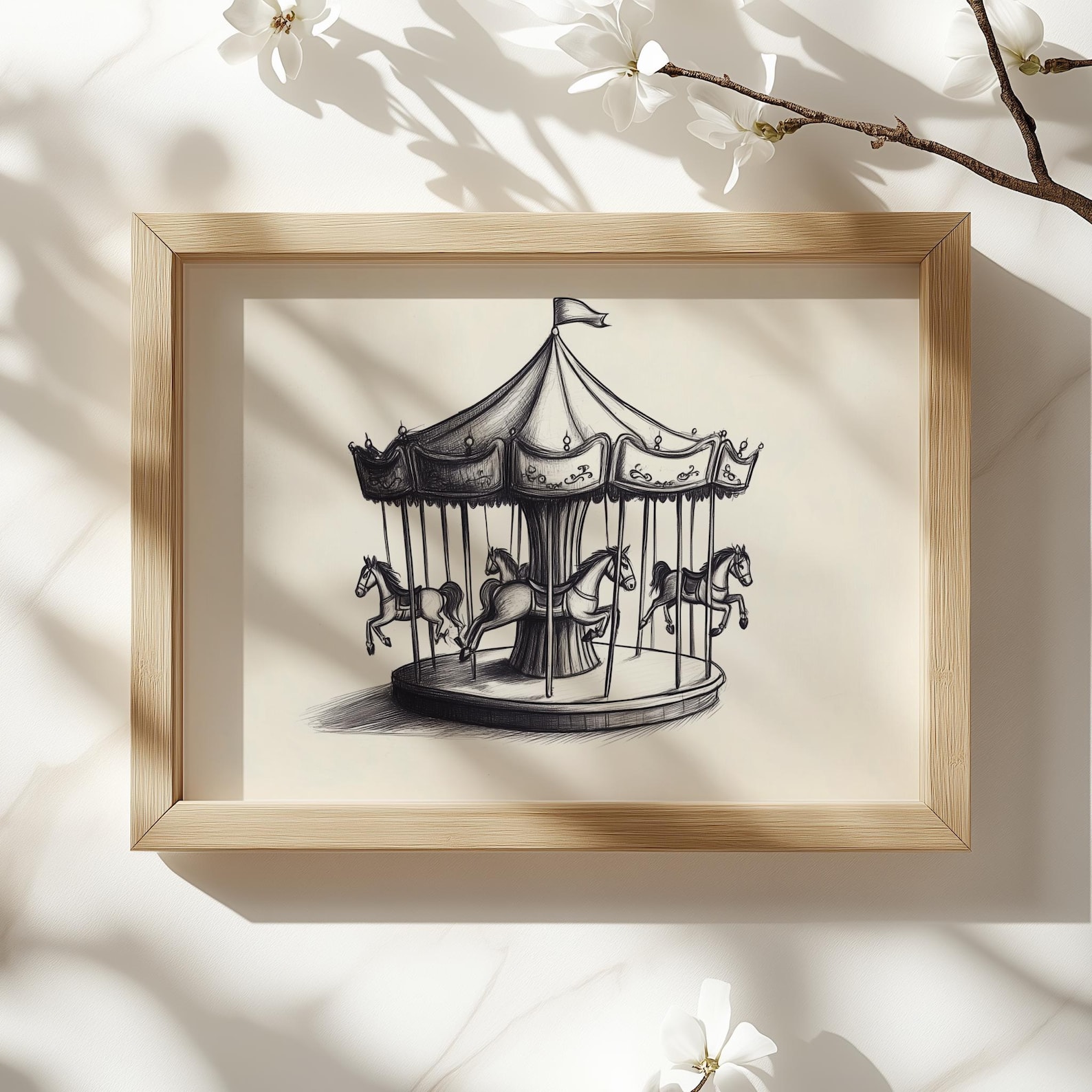 Vintage Carousel Art Print | Nostalgic Wall Art | Hand-drawn Ink-style ...