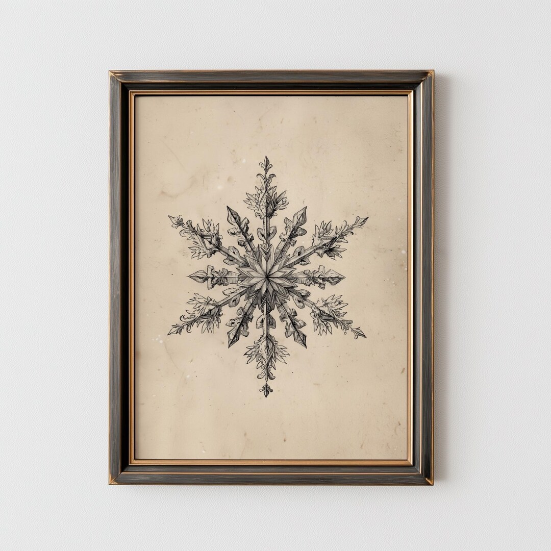 Vintage Snowflake Sketch Print | Detailed Botanical Winter Engraving ...