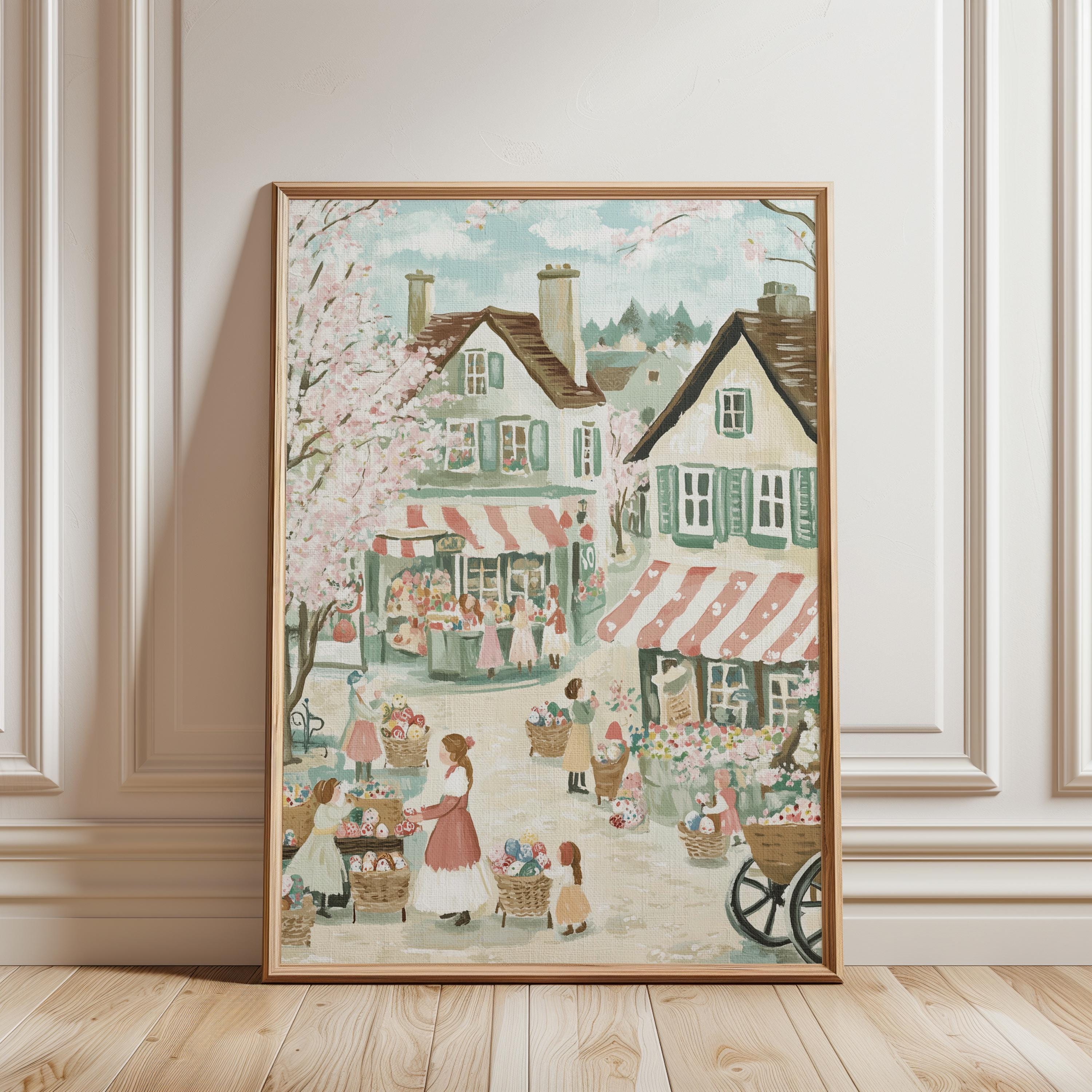 Vintage Easter Village Wall Art, Folk Art Spring Market Illustration ...