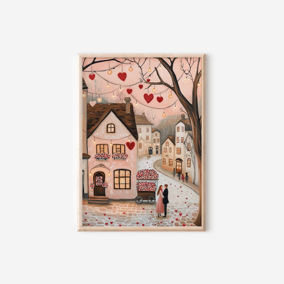 Valentines Day Village Digital Print | Romantic Folk Wall Art, Instant ...